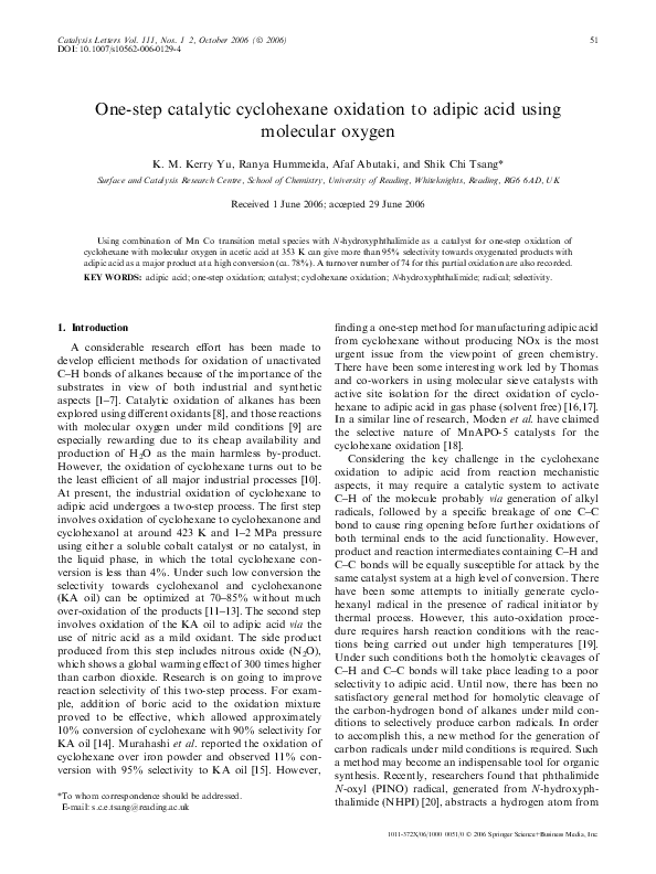 (PDF) One-step catalytic cyclohexane oxidation to adipic acid using molecular oxygen
