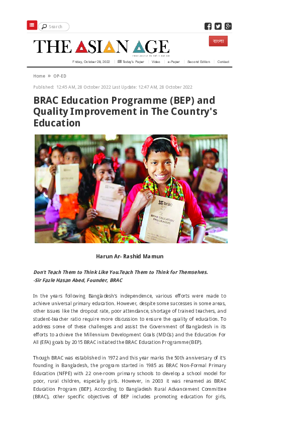 (PDF) BRAC Education Programme (BEP) and Quality Improvement in The Country's Education