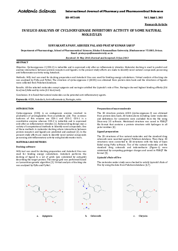 (PDF) In Silico Analysis of Cyclooxygenase Inhibitory Activity of Some Natural Molecules