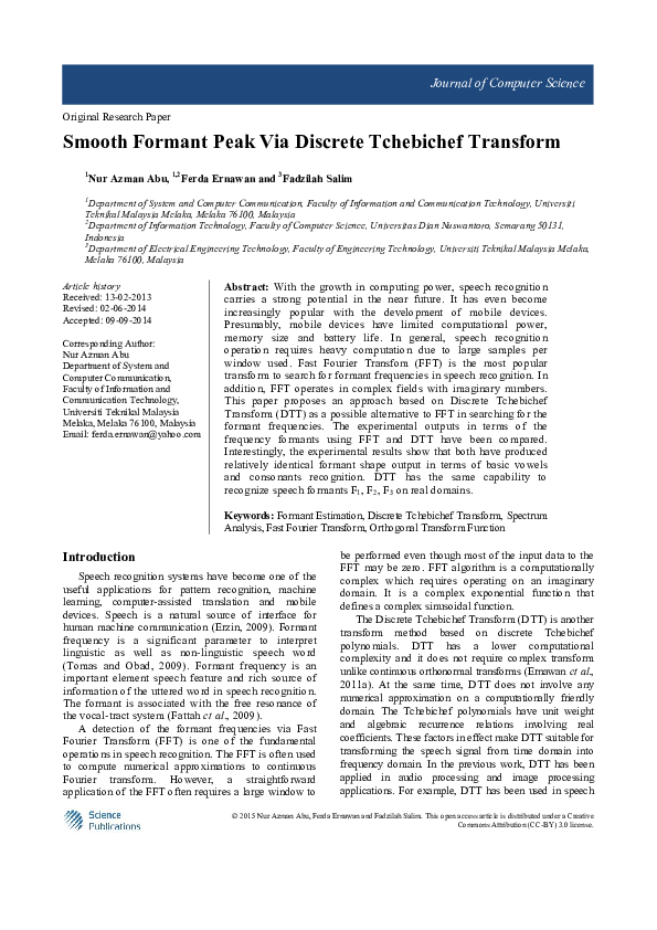 (PDF) Smooth Formant Peak Via Discrete Tchebichef Transform