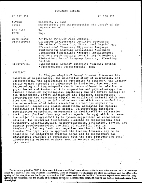 (PDF) Suggestology and Suggestopedia: The Theory of the Lozanov Method