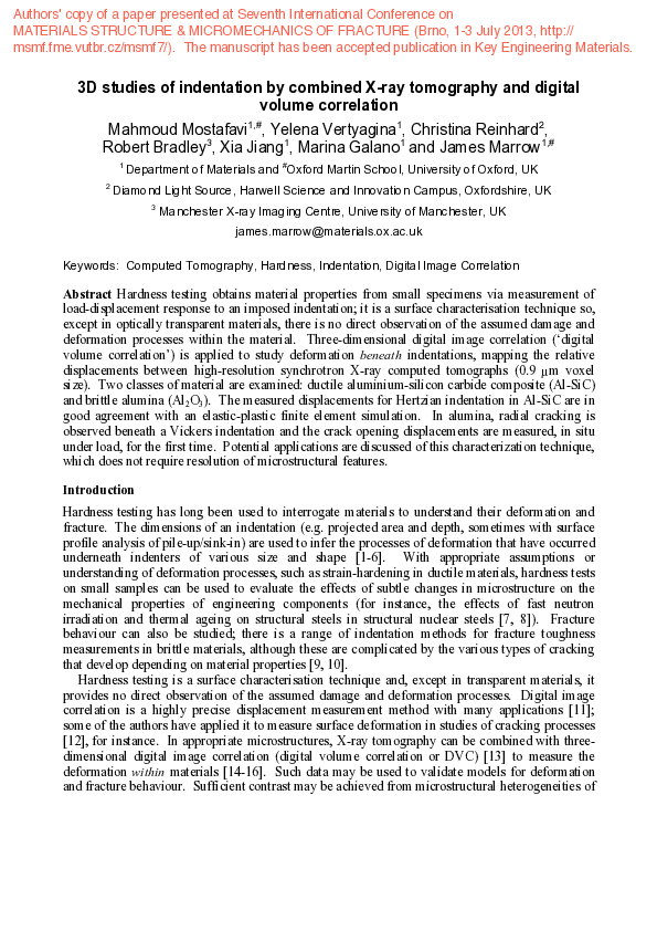 (PDF) 3D Studies of Indentation by Combined X-Ray Tomography and Digital Volume Correlation ...