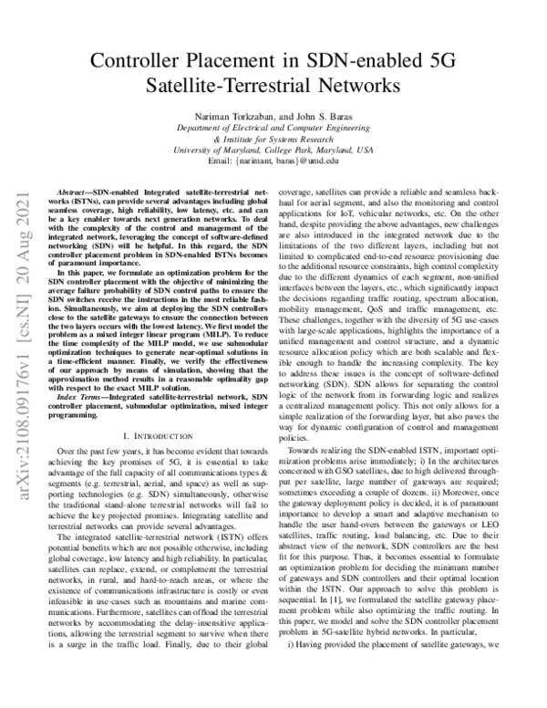 (PDF) Controller Placement in SDN-enabled 5G Satellite-Terrestrial Networks