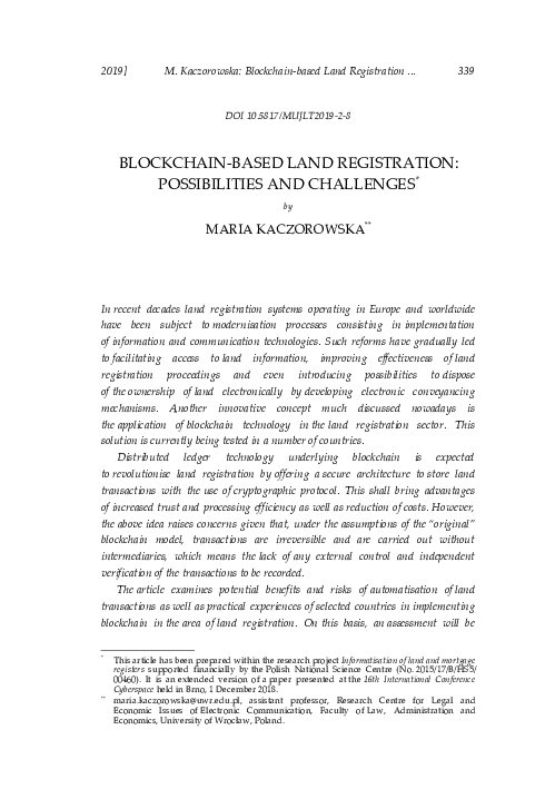 Pdf Blockchain Based Land Registration Possibilities And Challenges