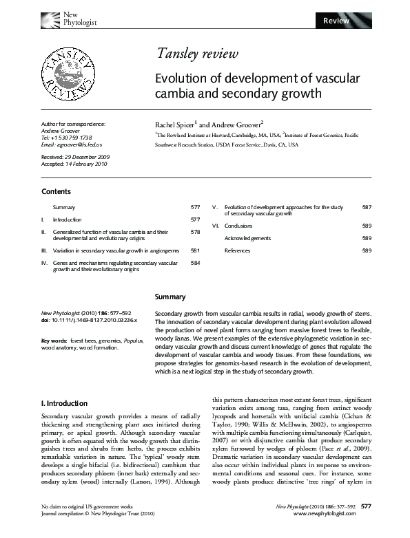 (PDF) Evolution of development of vascular cambia and secondary growth