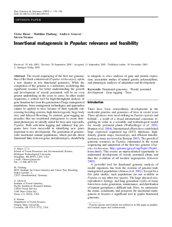 (PDF) Insertional mutagenesis in Populus: relevance and feasibility