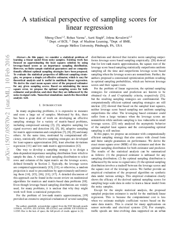 (PDF) A statistical perspective of sampling scores for linear regression