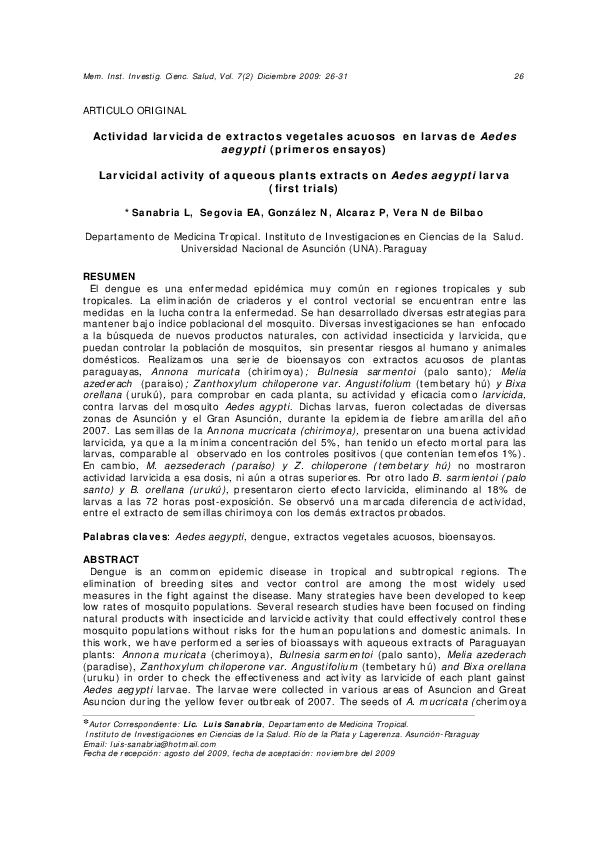(PDF) Larvicidal activity of aqueous plants extracts on Aedes aegypti ...