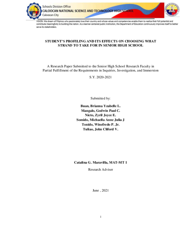 (PDF) Student's Profiling and its Effects on choosing what Strand to ...