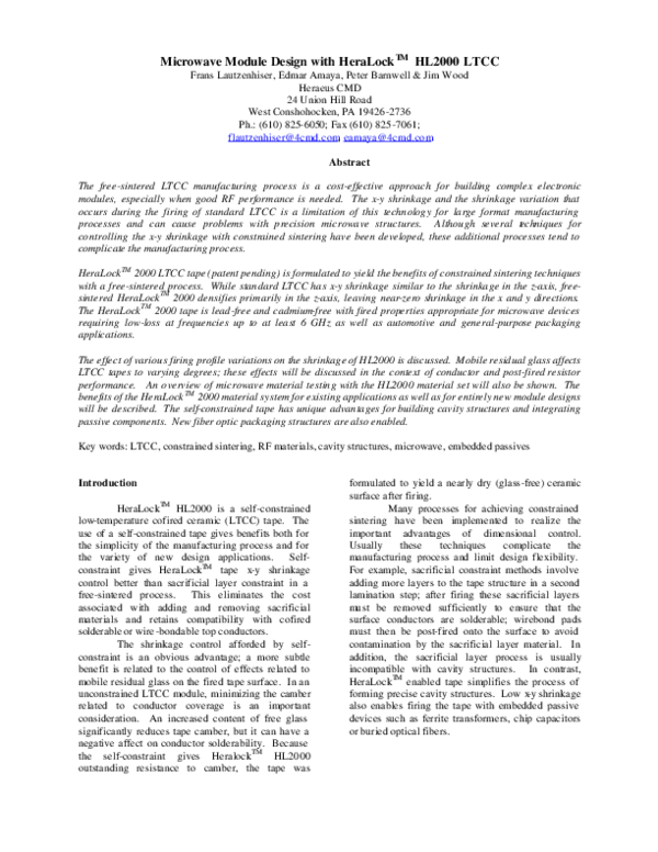(PDF) Microwave module design with HeraLock HL2000 LTCC