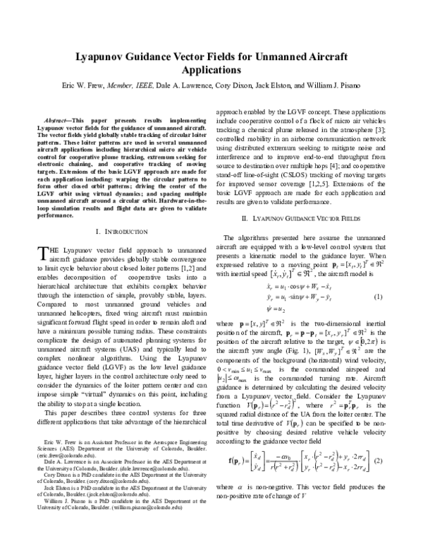 (PDF) Lyapunov Guidance Vector Fields for Unmanned Aircraft Applications