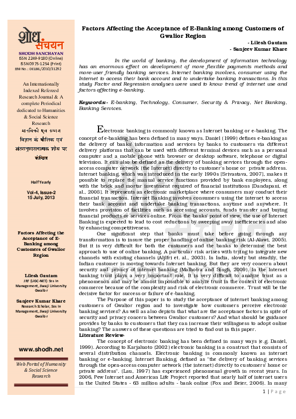 (PDF) Factors Affecting the Acceptance of E-Banking among Customers of Gwalior Region Factors ...