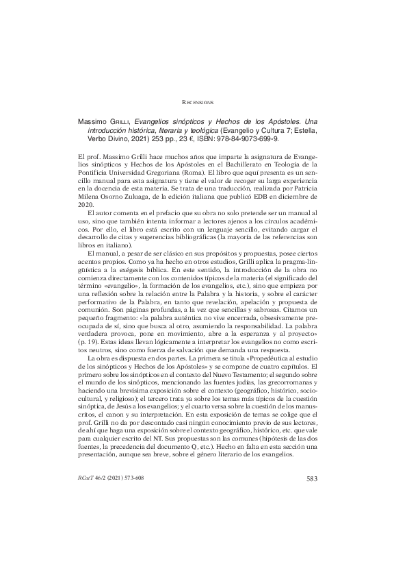 (PDF) Recensión de Massimo GRILLI, Evangelios sinópticos y Hechos de ...