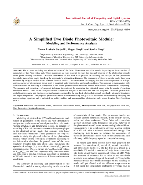 (PDF) A Simplified Two Diode Photovoltaic Module: Modeling and Performance Analysis