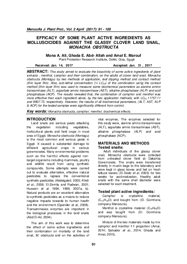 (PDF) Efficacy of Some Plant Active Ingredients as Molluscicides ...