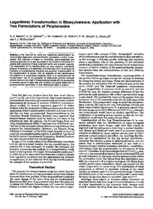 (PDF) Logarithmic Transformation in Bioequivalence: Application with Two Formulations of ...