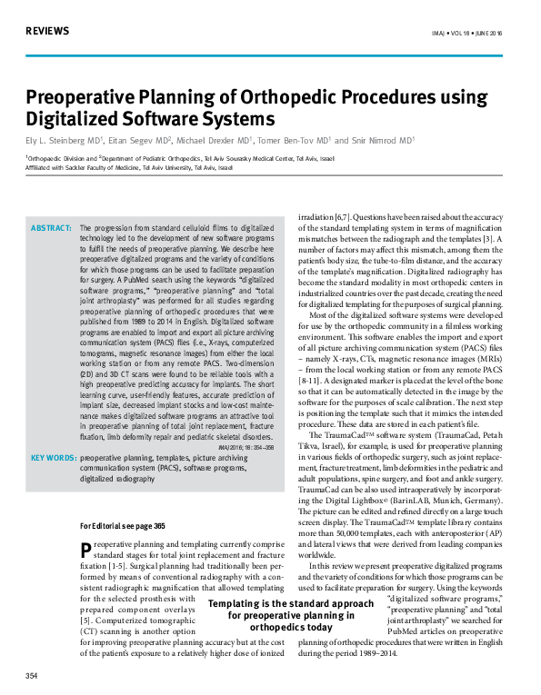 (PDF) Preoperative Planning of Orthopedic Procedures using Digitalized Software Systems