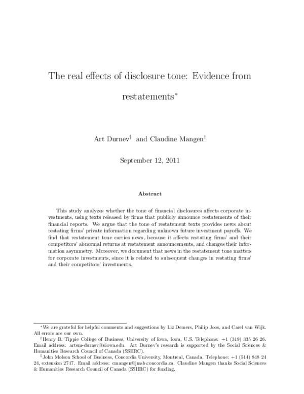 (PDF) The Real Effects of Disclosure Tone: Evidence from Restatements