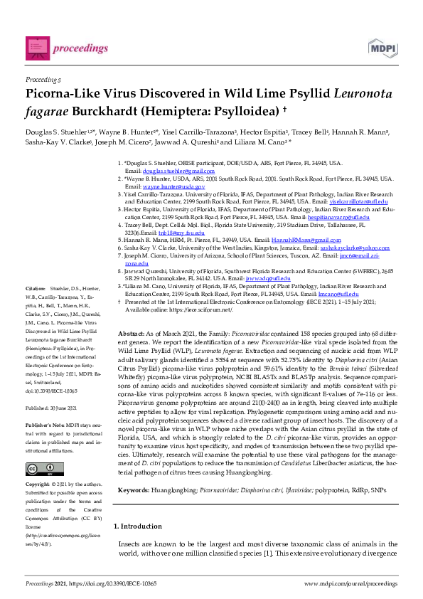 (PDF) Picorna-Like Virus Discovered in Wild Lime Psyllid Leuronota ...