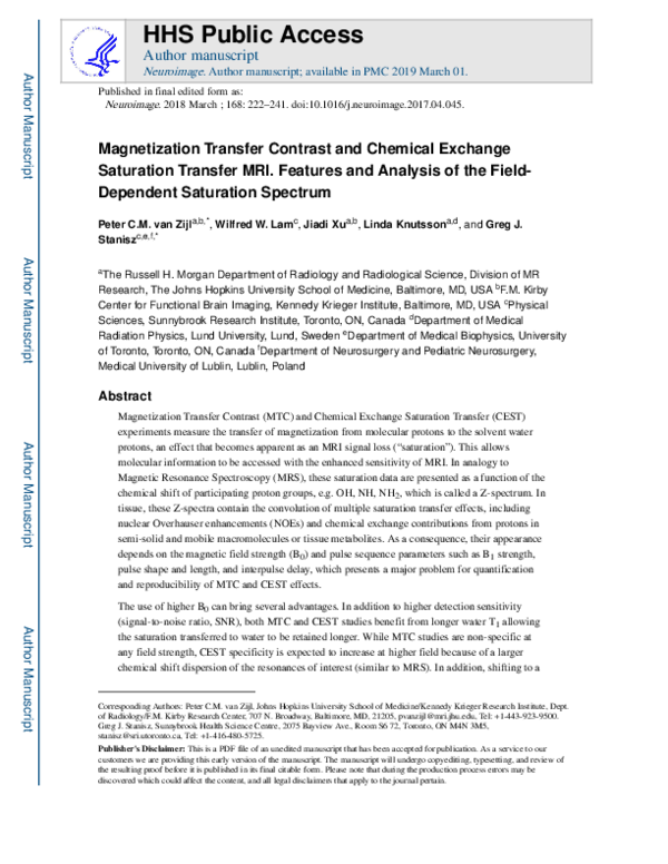 (PDF) Magnetization Transfer Contrast and Chemical Exchange Saturation ...