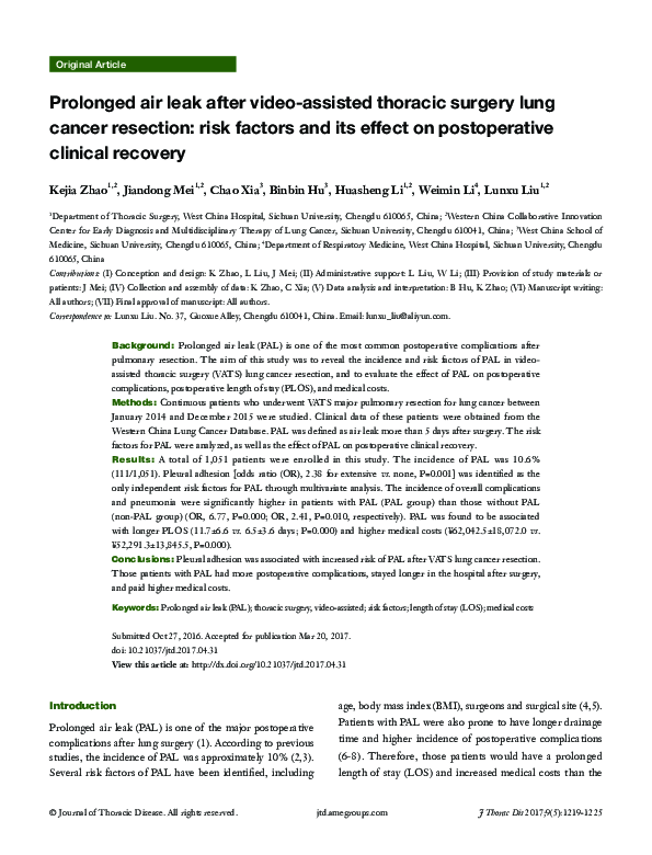 (PDF) Prolonged air leak after video-assisted thoracoscopic surgery in ...