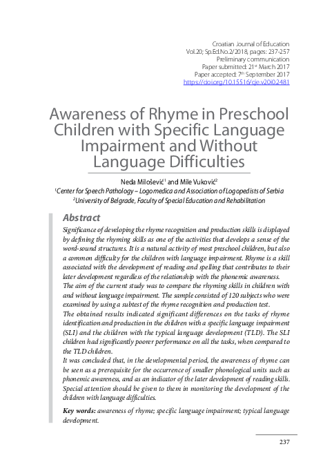 (PDF) Awareness Of Rhyme In Preschool Children With Specific Language Impairment And Without ...
