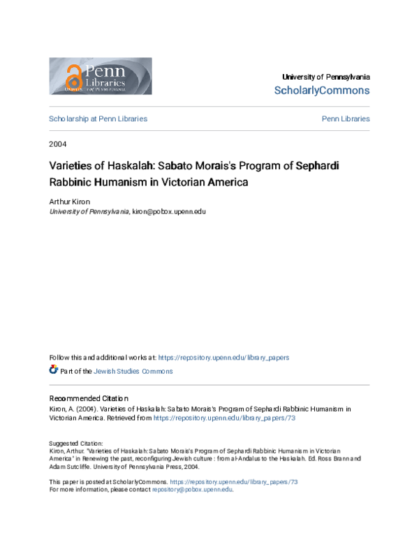 (PDF) Varieties of Haskalah: Sabato Morais's Program of Sephardi ...