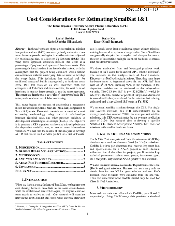 (PDF) Cost Considerations for Estimating SmallSat I&T
