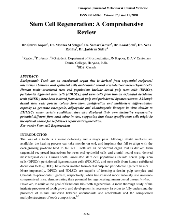 (PDF) Stem Cell Regeneration: A Comprehensive Review