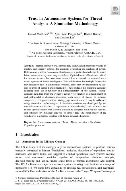 (PDF) Trust in Autonomous Systems for Threat Analysis: A Simulation Methodology