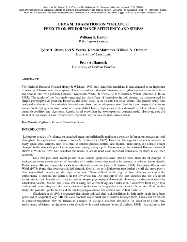 (PDF) Demand transitions in vigilance: Effects on performance ...