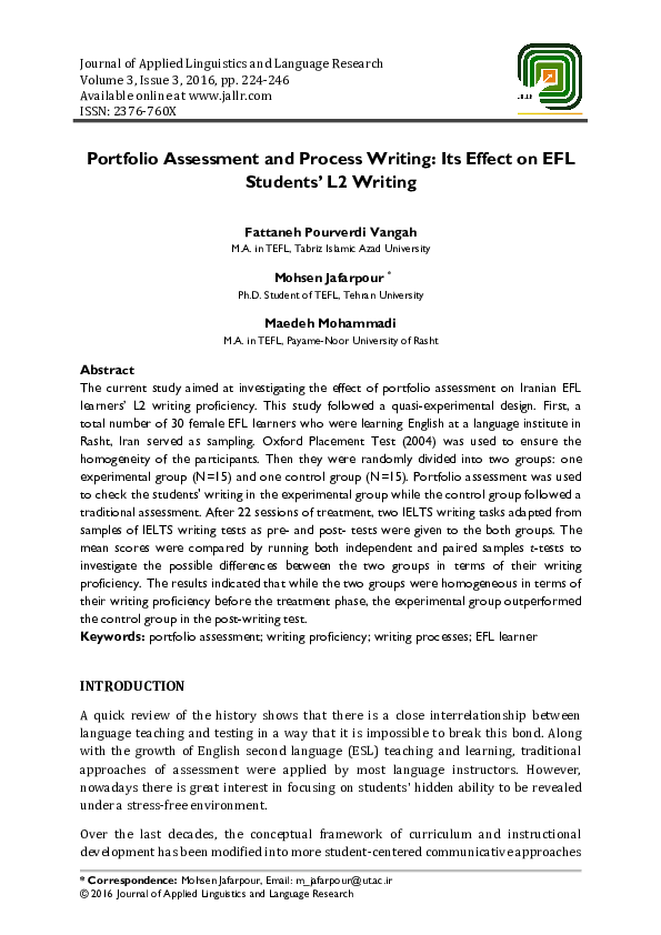 (PDF) Portfolio Assessment and Process Writing: Its Effect on EFL Students' L2 Writing