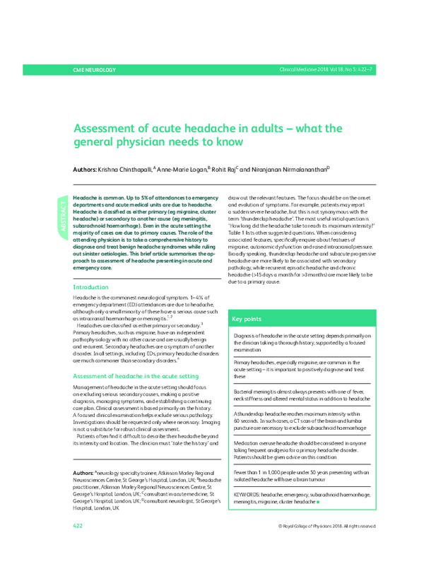 (PDF) Assessment of acute headache in adults - what the general ...