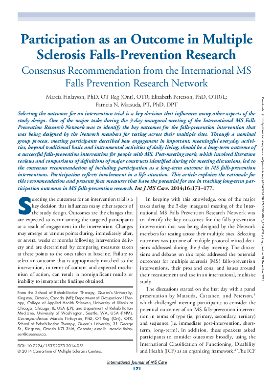 (PDF) Participation as an Outcome in Multiple Sclerosis Falls ...