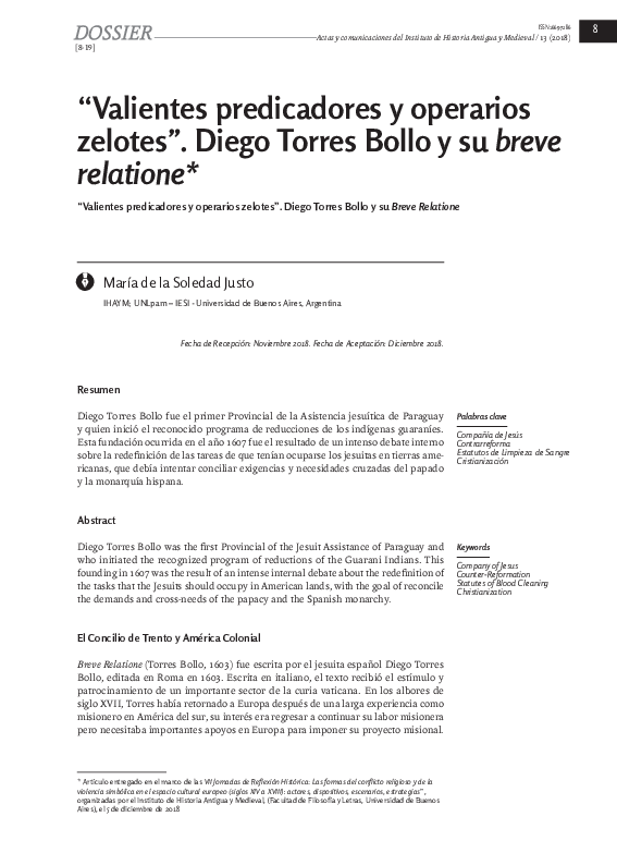 (PDF) Valientes predicadores y operarios zelotes". Diego Torres Bollo y ...