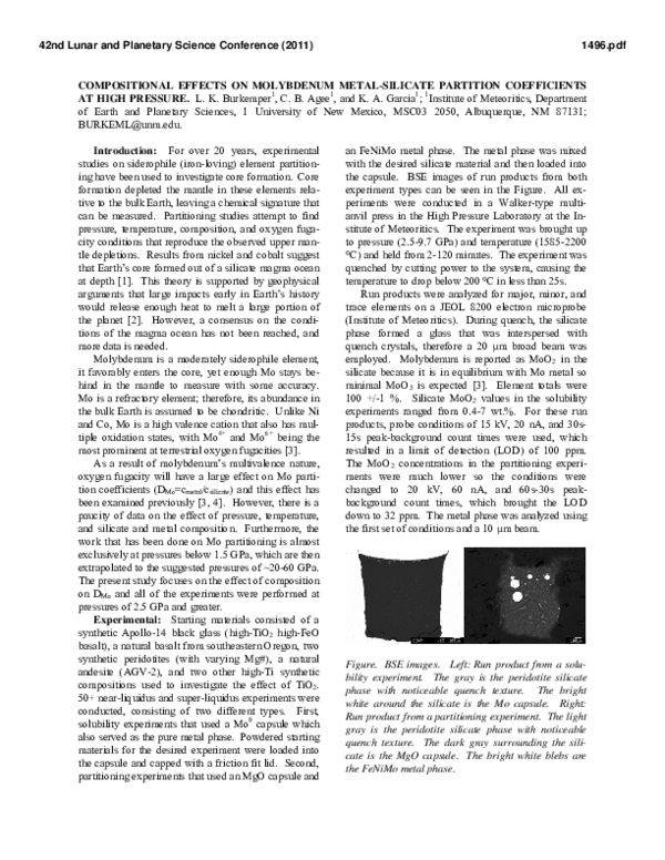 (PDF) Compositional Effects on Molybdenum Metal-Silicate Partition Coefficients at High Pressure