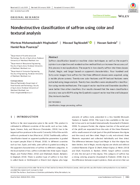 (PDF) Nondestructive classification of saffron using color and textural ...