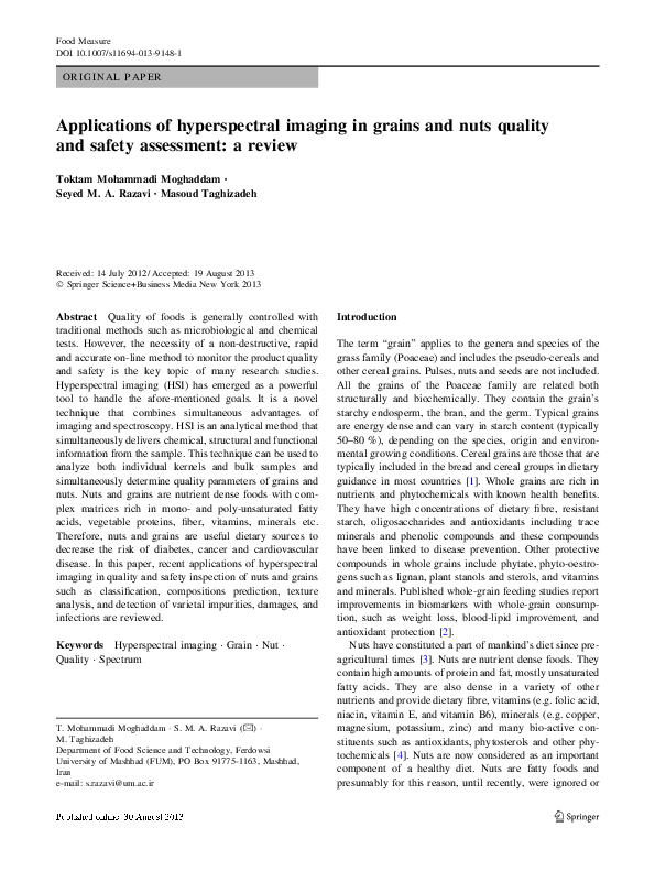 (PDF) Applications of hyperspectral imaging in grains and nuts quality and safety assessment: a ...
