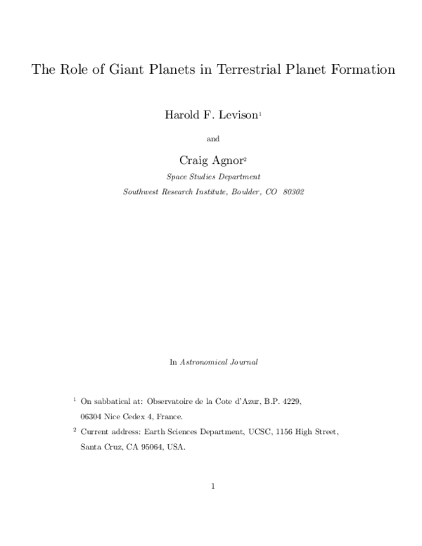 (PDF) The Role of Giant Planets in Terrestrial Planet Formation