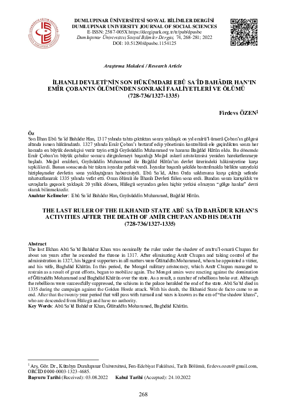 (PDF) İLHANLI DEVLETİ'NİN SON HÜKÜMDARI EBÛ SAˊÎD BAHÂDIR HAN'IN EMÎR ...