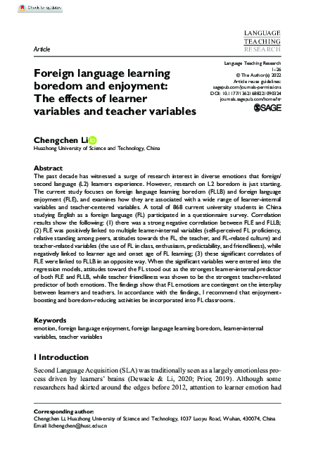 (PDF) Foreign language learning boredom and enjoyment: The effects of ...