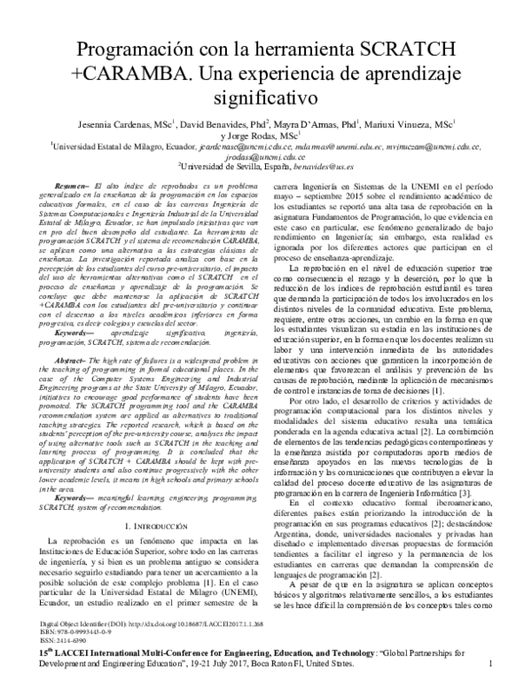 (PDF) Programación con la herramienta SCRATCH +CARAMBA. Una experiencia ...