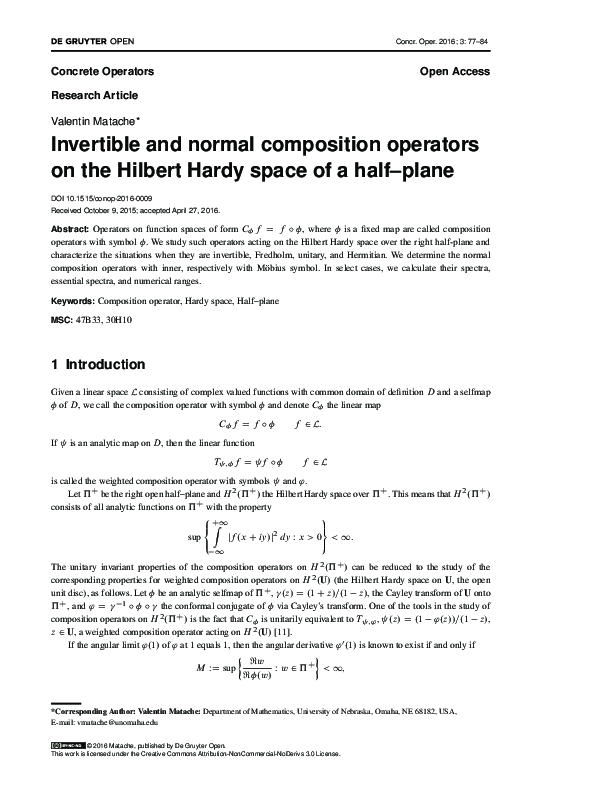 (PDF) Invertible and normal composition operators on the Hilbert Hardy space of a half–plane