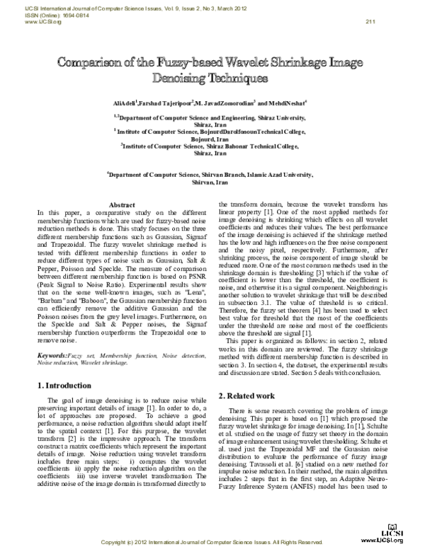 Pdf Comparison Of The Fuzzy Based Wavelet Shrinkage Image Denoising