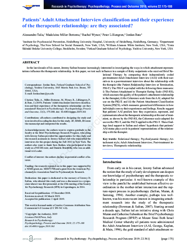(PDF) Patients’ Adult Attachment Interview classification and their ...