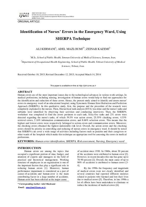 (PDF) Identification of Nurses’ Errors in the Emergency Ward, Using ...
