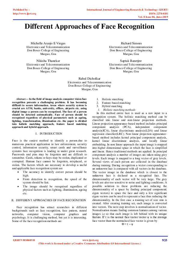 Pdf Different Approaches Of Face Recognition