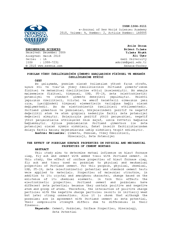 (PDF) Puzolan Yüzey Özelliklerinin Çimento Harçlarynyn Fiziksel ve ...