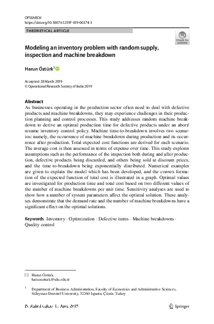 (PDF) Modeling an inventory problem with random supply, inspection and machine breakdown