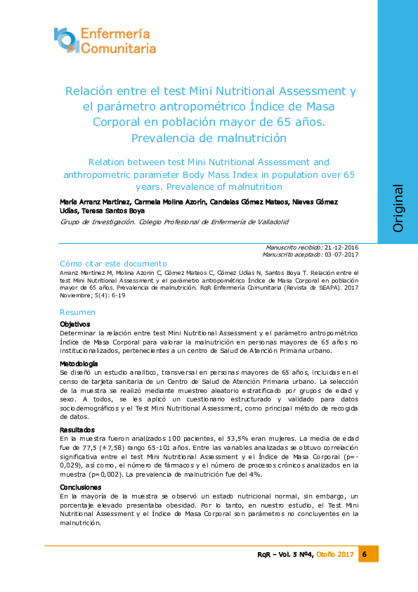 (PDF) Relación entre el test Mini Nutritional Assessment y el parámetro ...